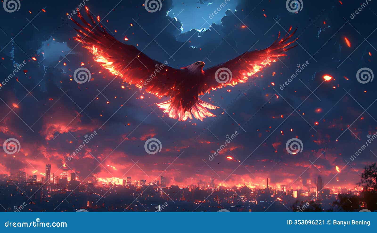 Fiery Eagle Soaring Above Burning City at Night Stock Illustration ...
