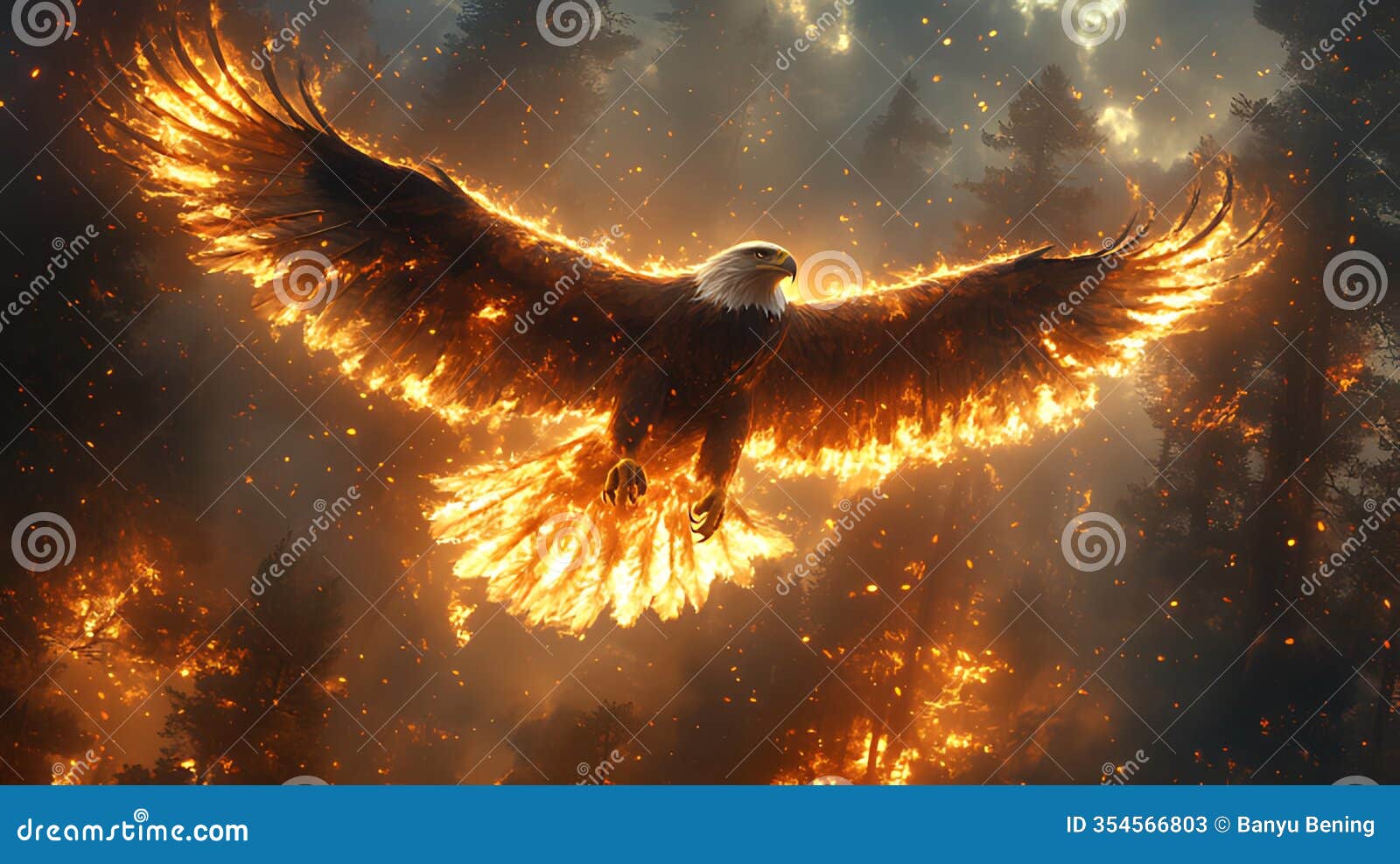Fiery Eagle Soaring through a Burning Forest at Night Stock ...