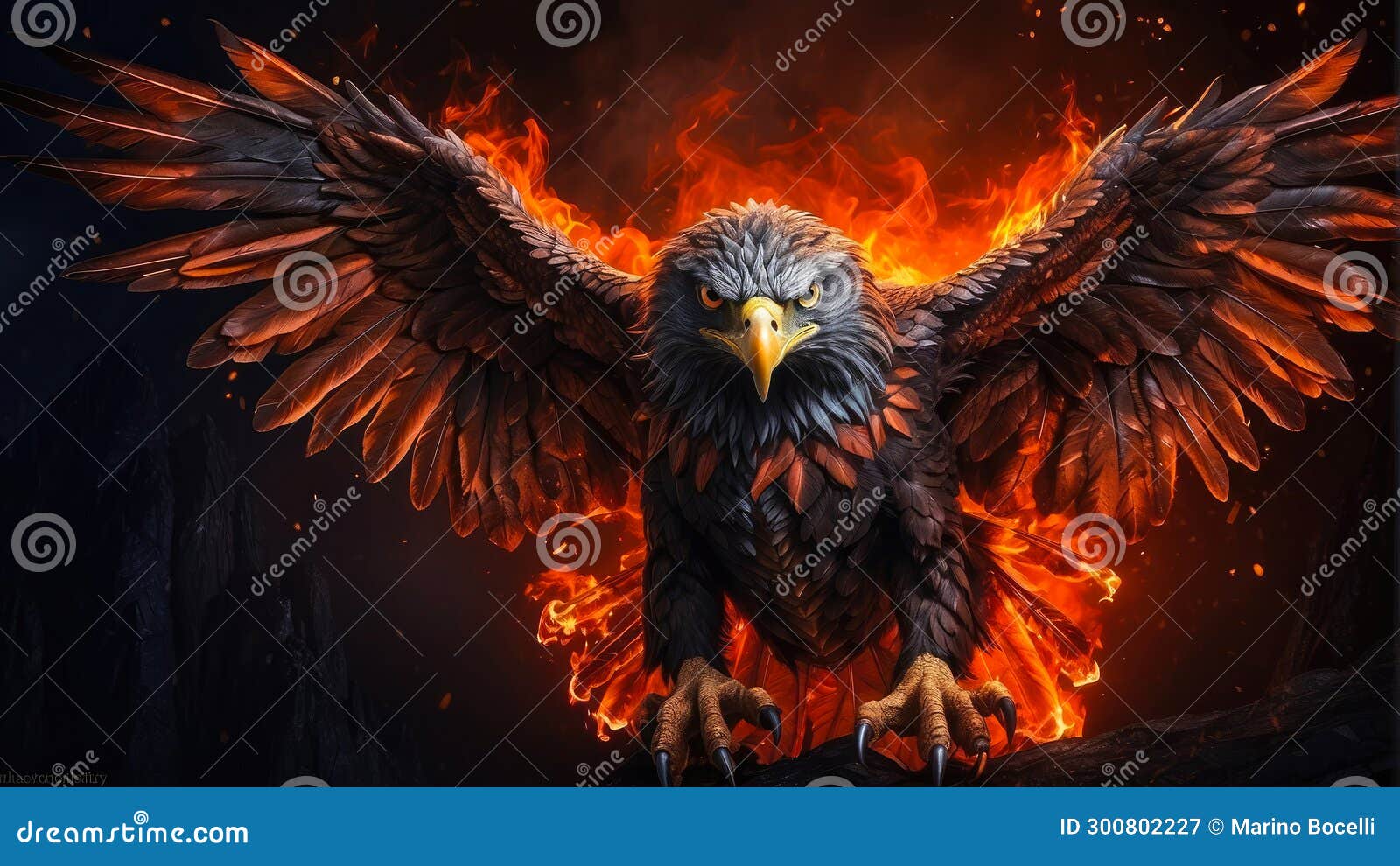 A Fiery Eagle with Spreading Wings Flying among the Flames in a Cloudy ...
