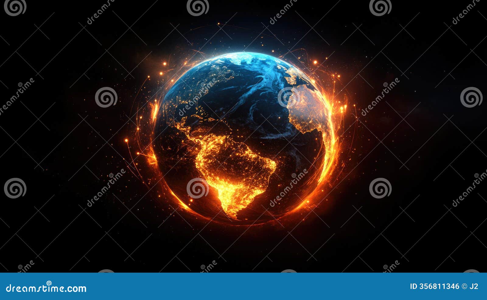 Fiery Earth Surrounded by Flames in Space with Glowing Continents Stock ...