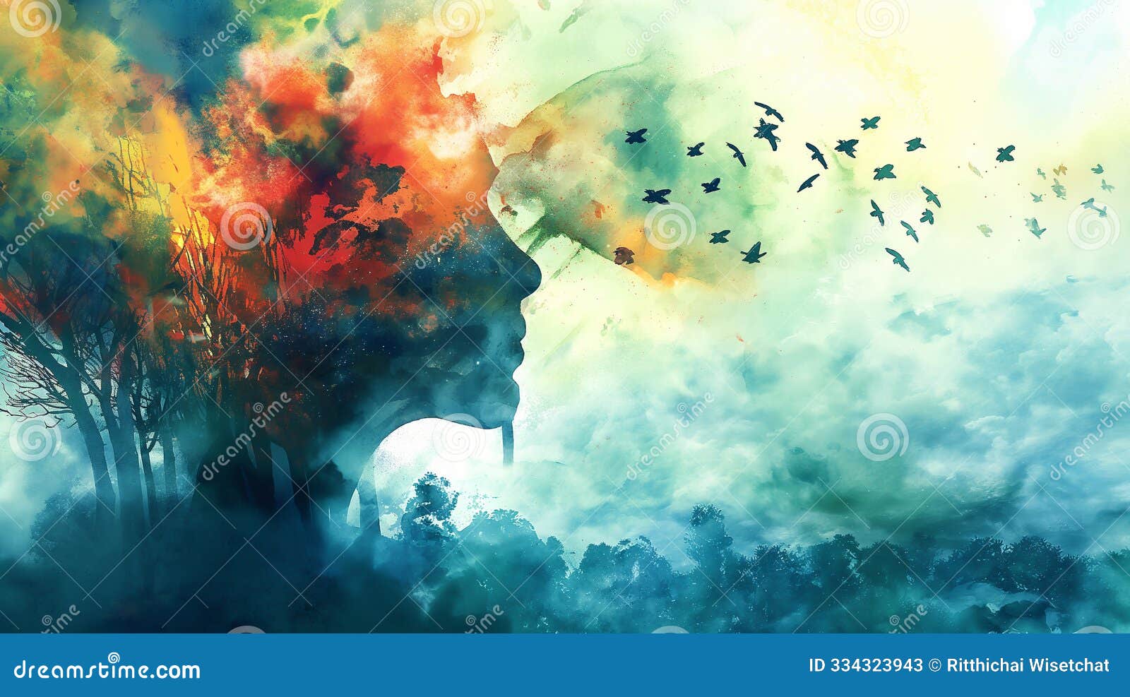 A Fiery Explosion of Color and Birds Soaring into a Mysterious Sky ...