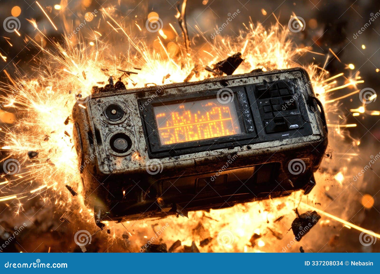 Fiery Explosion and Damage: Rugged Tech in Action Packed Scene Stock ...