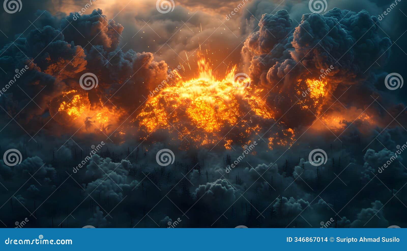 Fiery Explosion Illustration, Dark Clouds and Forest Stock Illustration ...