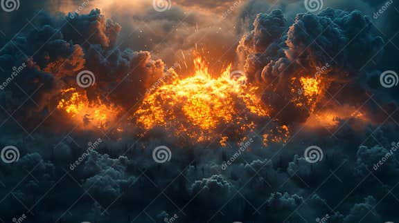 Fiery Explosion Illustration, Dark Clouds and Forest Stock Illustration ...