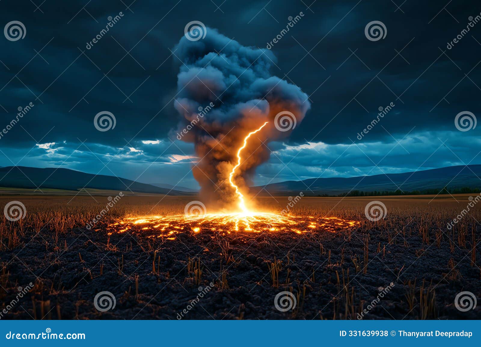 A Fiery Explosion with a Lightning Bolt Erupts in a Field, Creating a ...