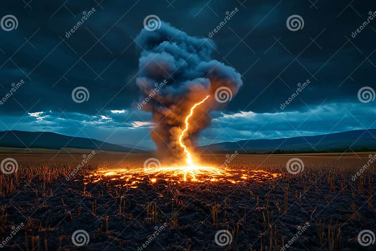A Fiery Explosion with a Lightning Bolt Erupts in a Field, Creating a ...