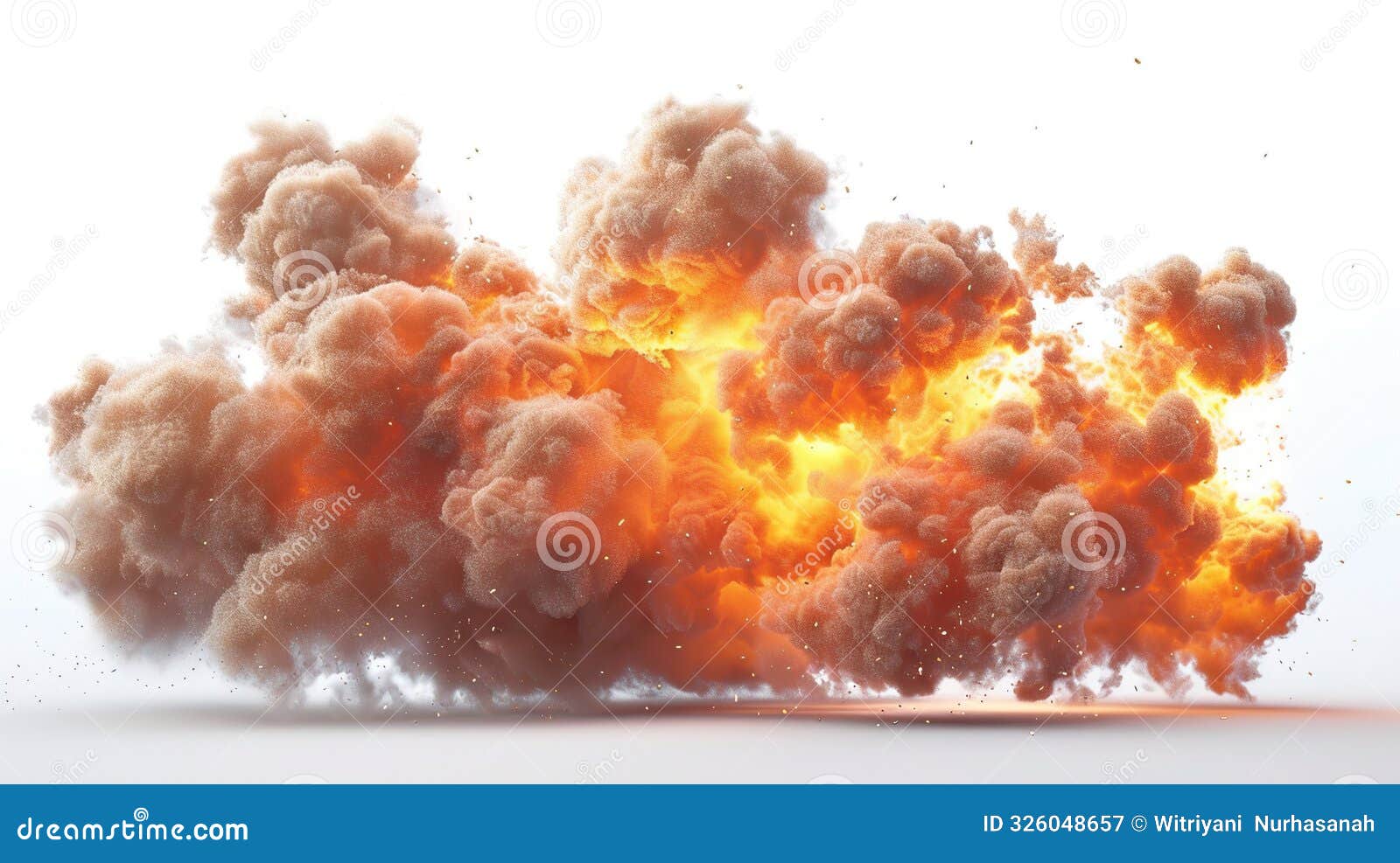 Fiery Explosion with Smoke and Debris on White Background Stock ...