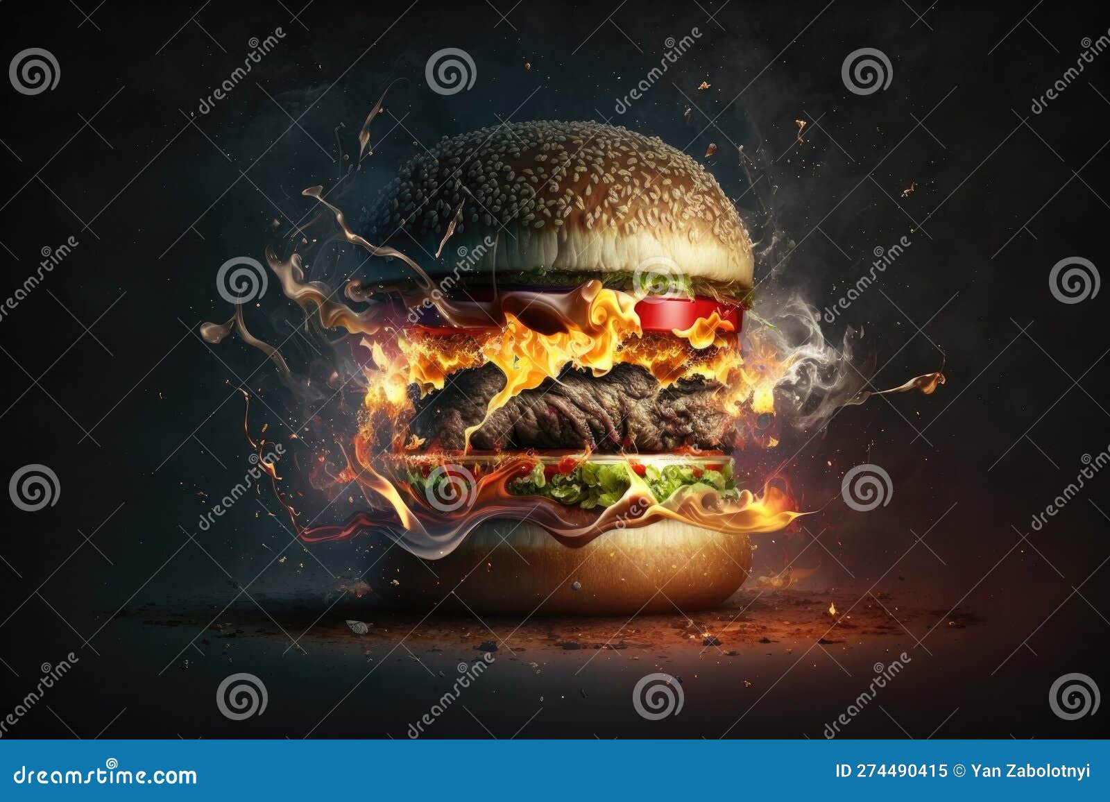 Fiery Explosive Spark Burger Black Background. Generative AI Stock ...