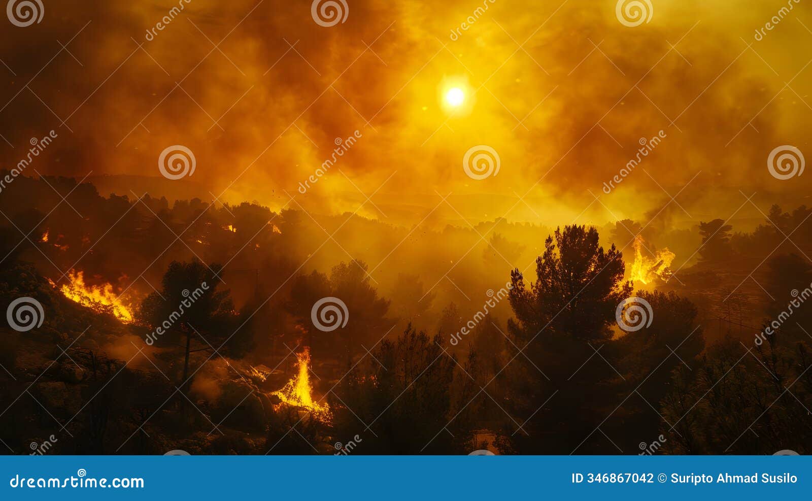 Fiery Forest Inferno With Billowing Smoke And Burnt Trees Creating ...