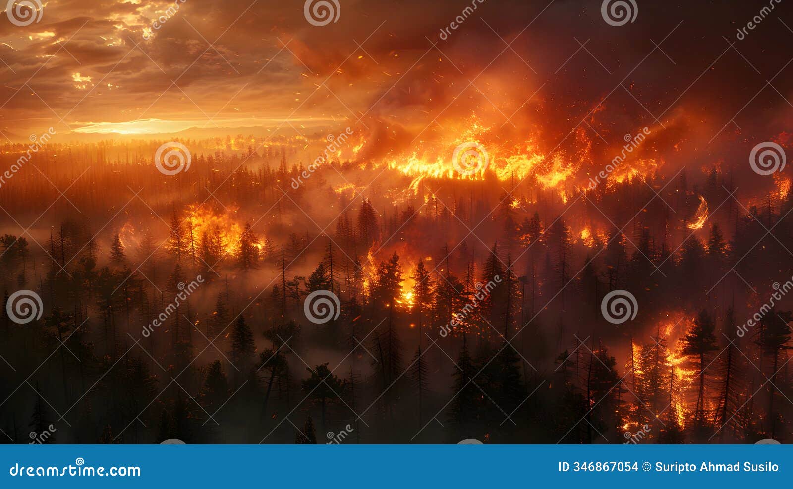 Fiery Forest Inferno With Billowing Smoke And Burnt Trees Creating ...