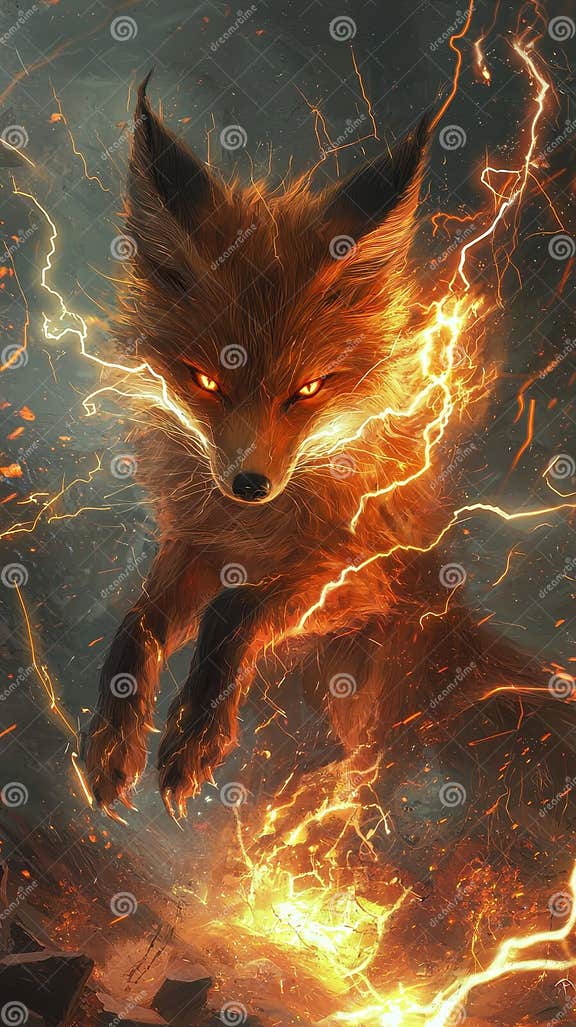 Fiery Fox in Dynamic Action Surrounded by Cracking Energy and Explosive ...