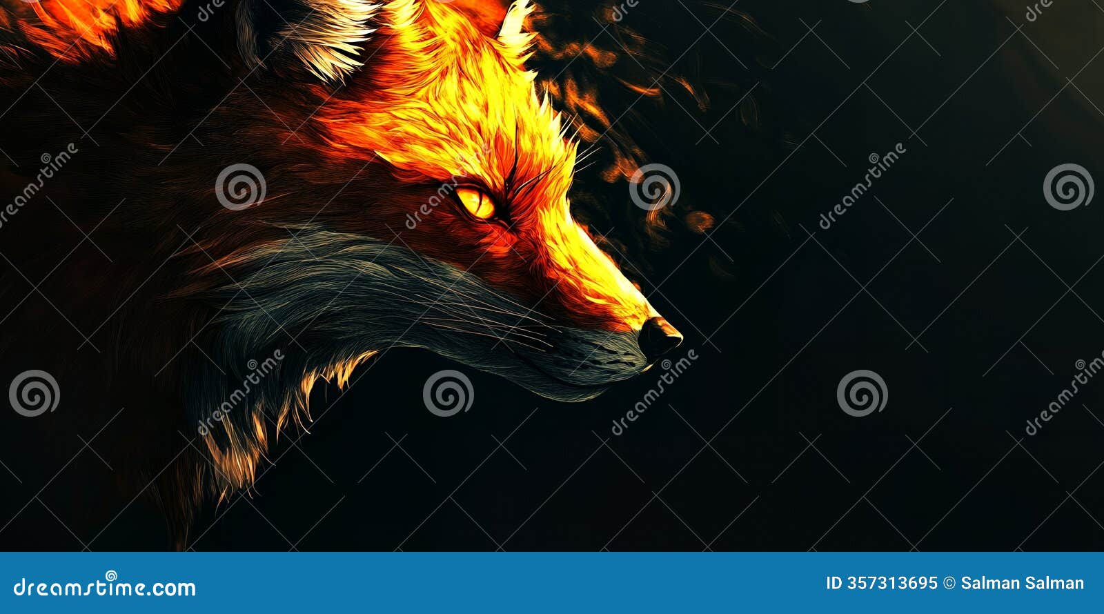 Fiery Fox Profile Artistic Digital Painting of a Red Fox in Dark ...