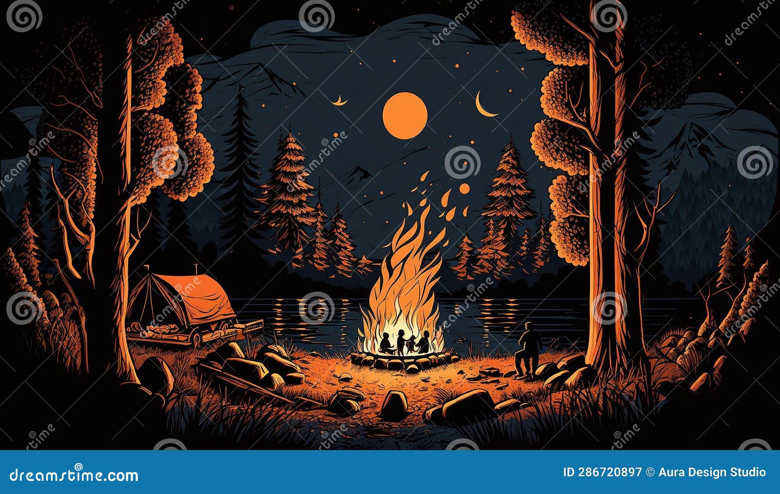 Fiery Fun an Illustration of a Summer Campfire Night. Stock ...