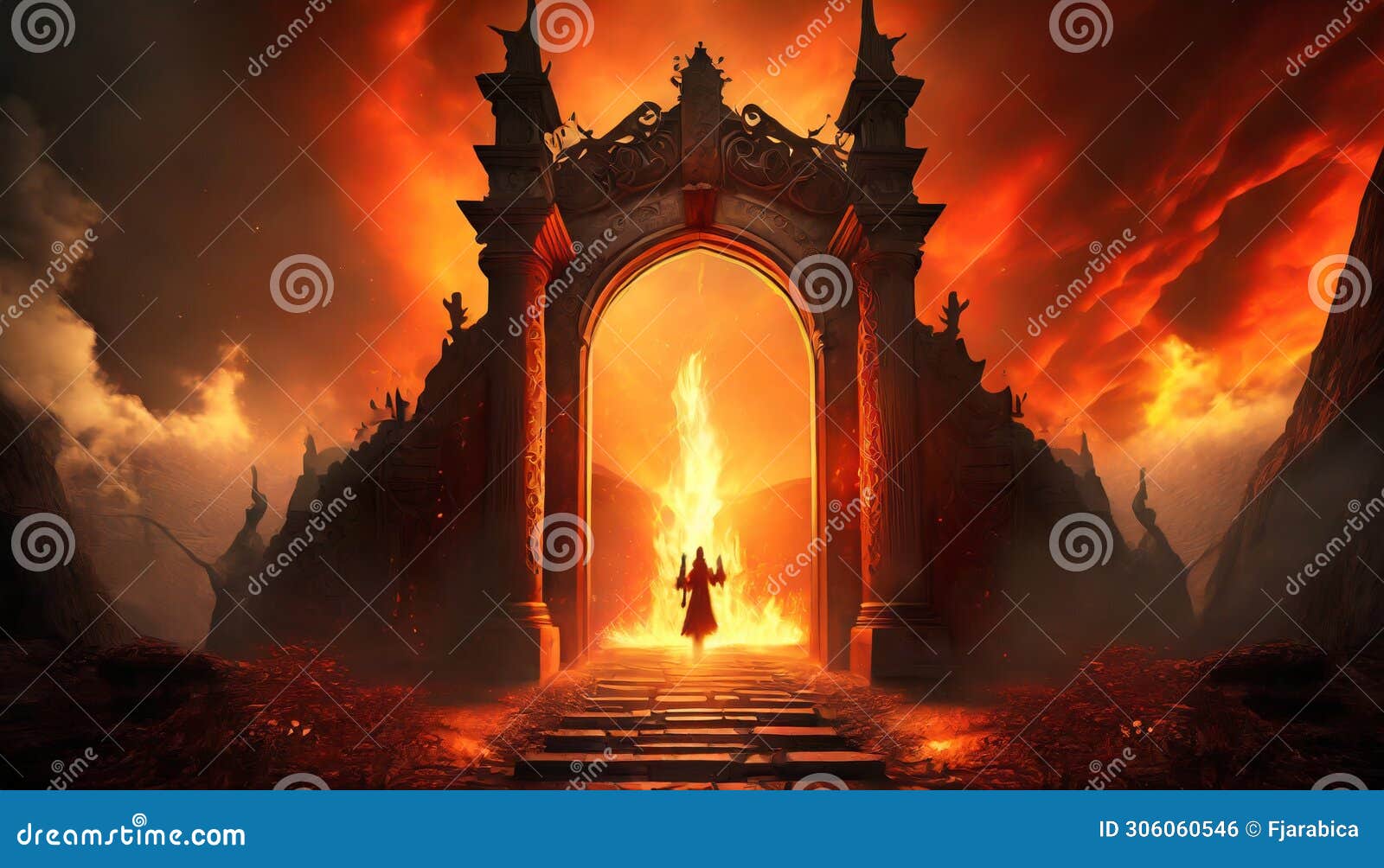 Fiery gate to hell stock illustration. Illustration of lighting - 306060546