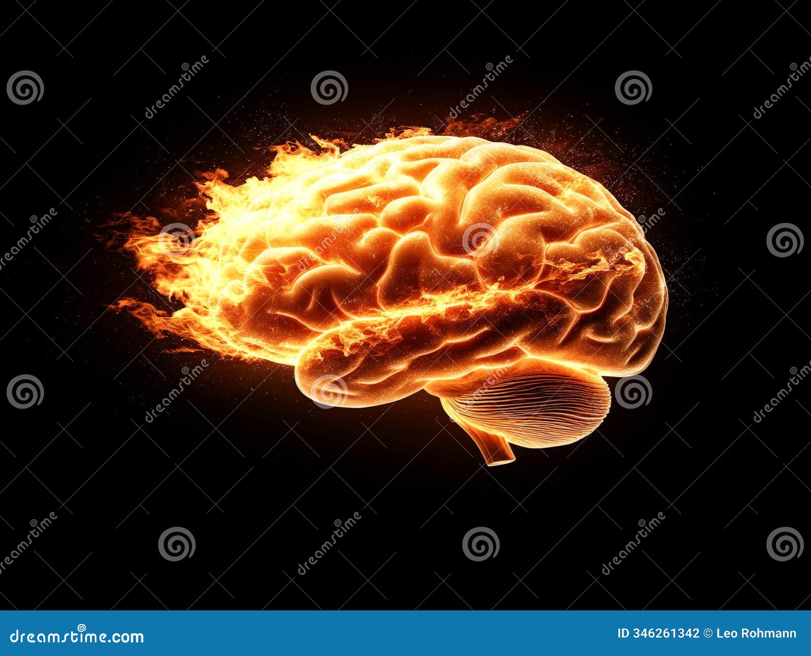 Fiery Glowing Brain with Dynamic Flame Textures Symbolizing Intense ...