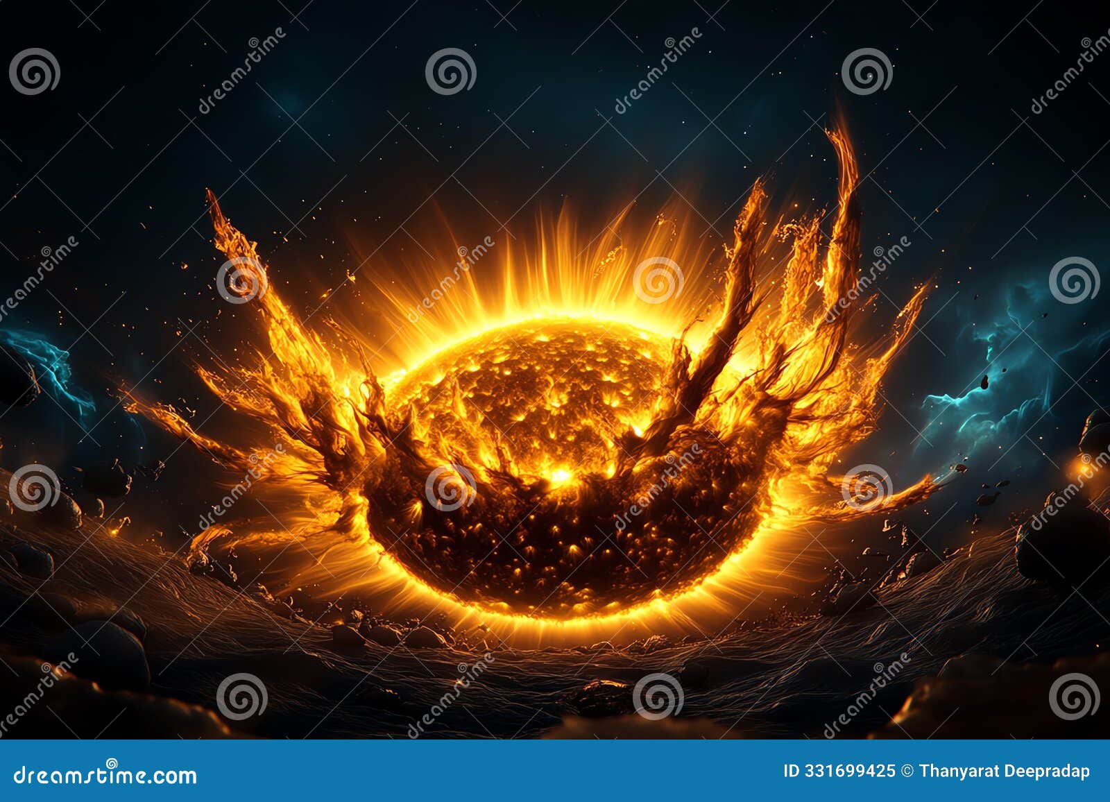Fiery, Glowing Orb Explodes with Energy and Light Against a Dark ...