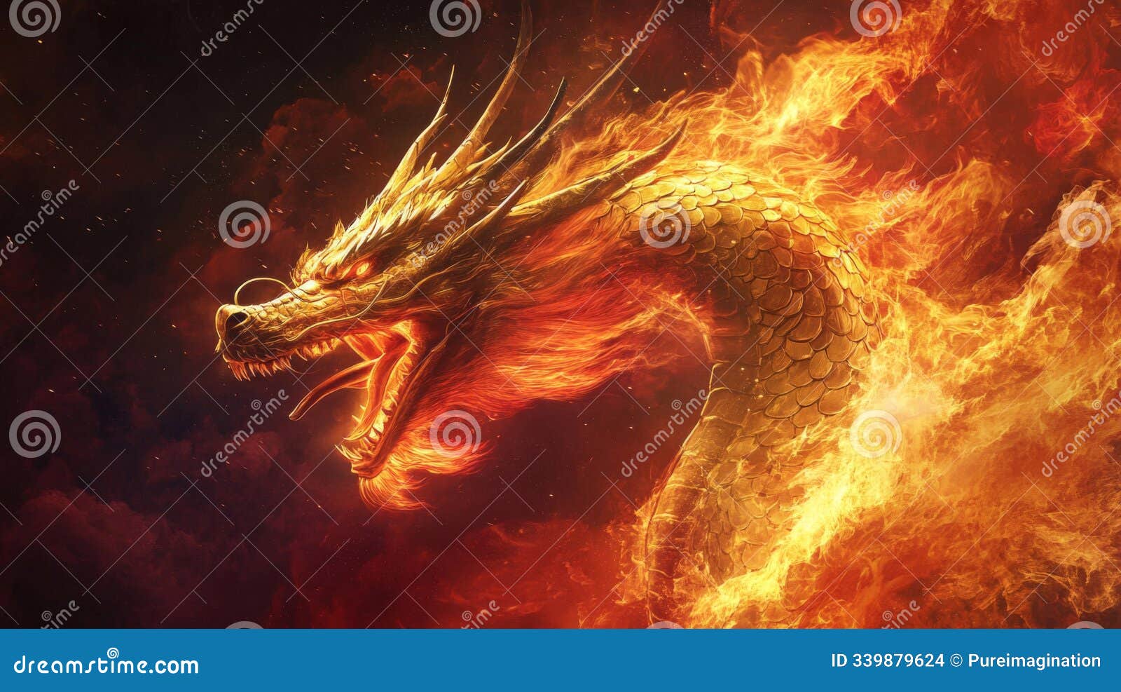 A Fiery Golden Dragon Roaring Amidst Flames Stock Illustration ...