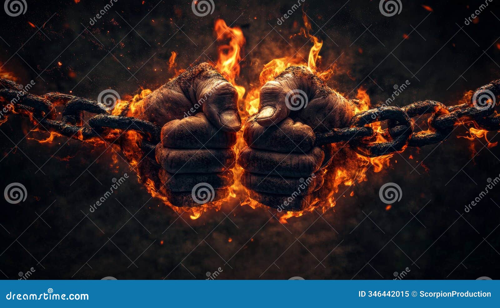 Fiery Hands Breaking Chains in Powerful Digital Artwork Stock Image ...
