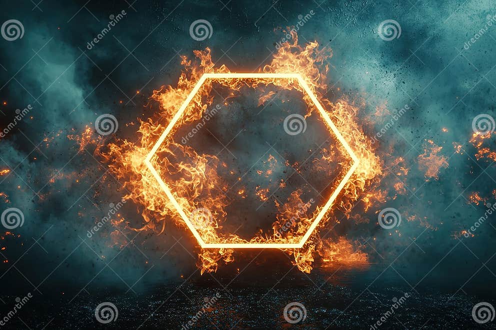 Fiery Hexagon Shape Surrounded by Flames in a Dramatic Dark Background ...