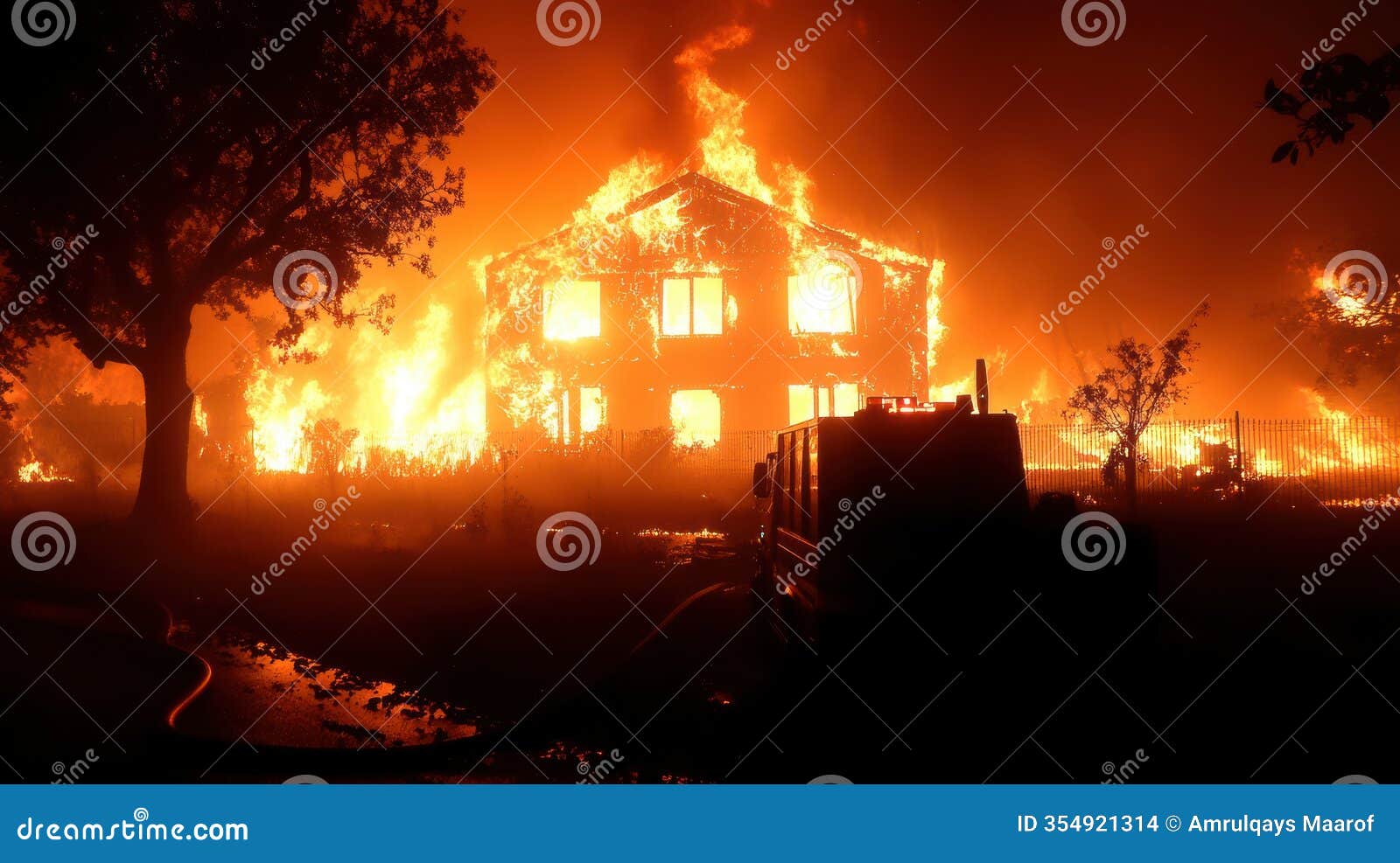 Fiery House Fire Engulfed In Flames At Night, Showing A Dramatic Scene ...