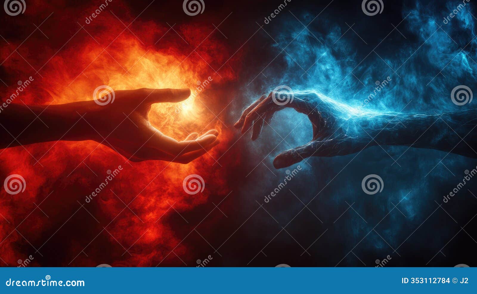 Fiery and Icy Hands Reaching Towards Each Other in an Elemental Balance ...