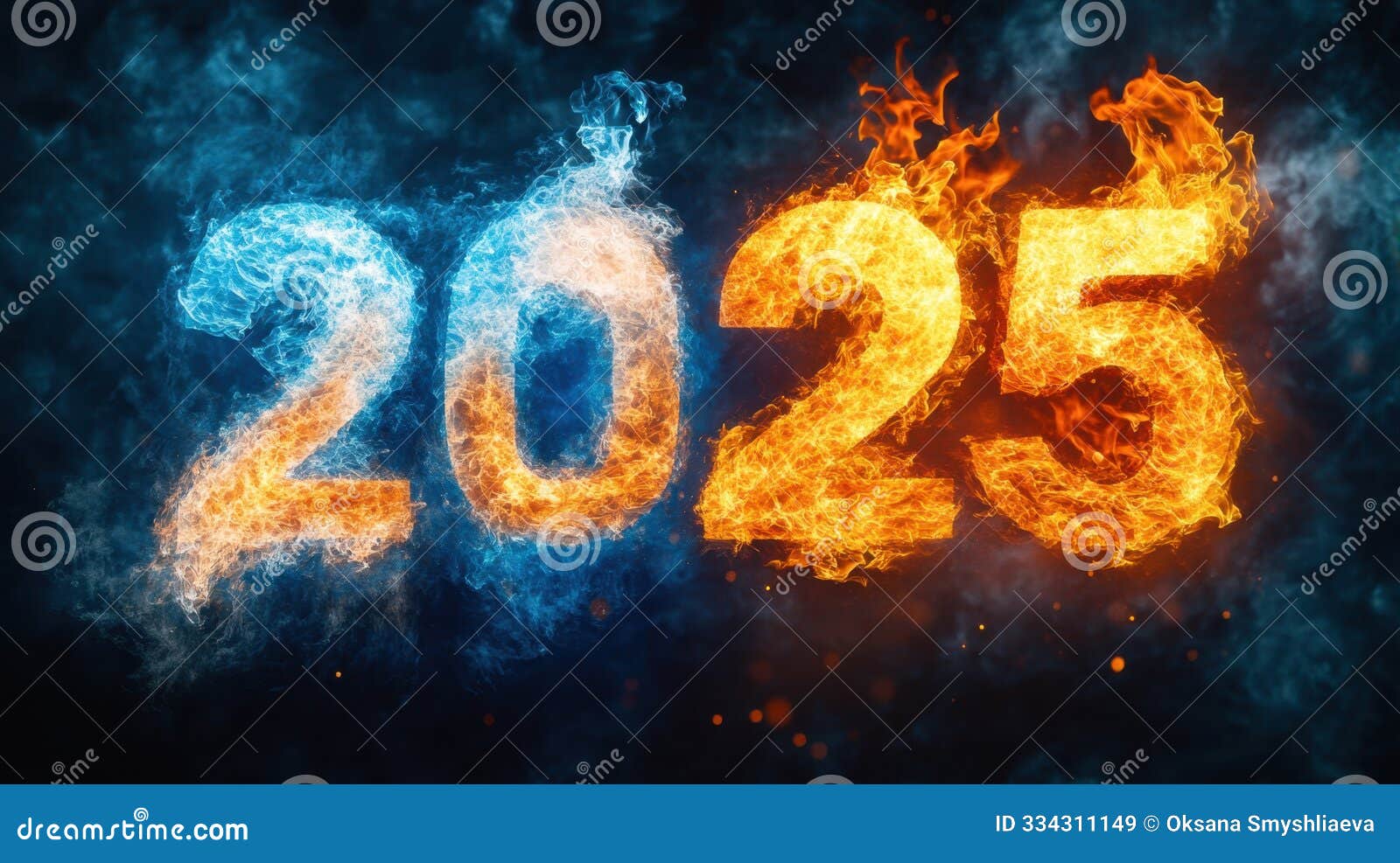 Fiery and Icy 2025 Numbers on Dramatic Blue Smoke Background Stock ...