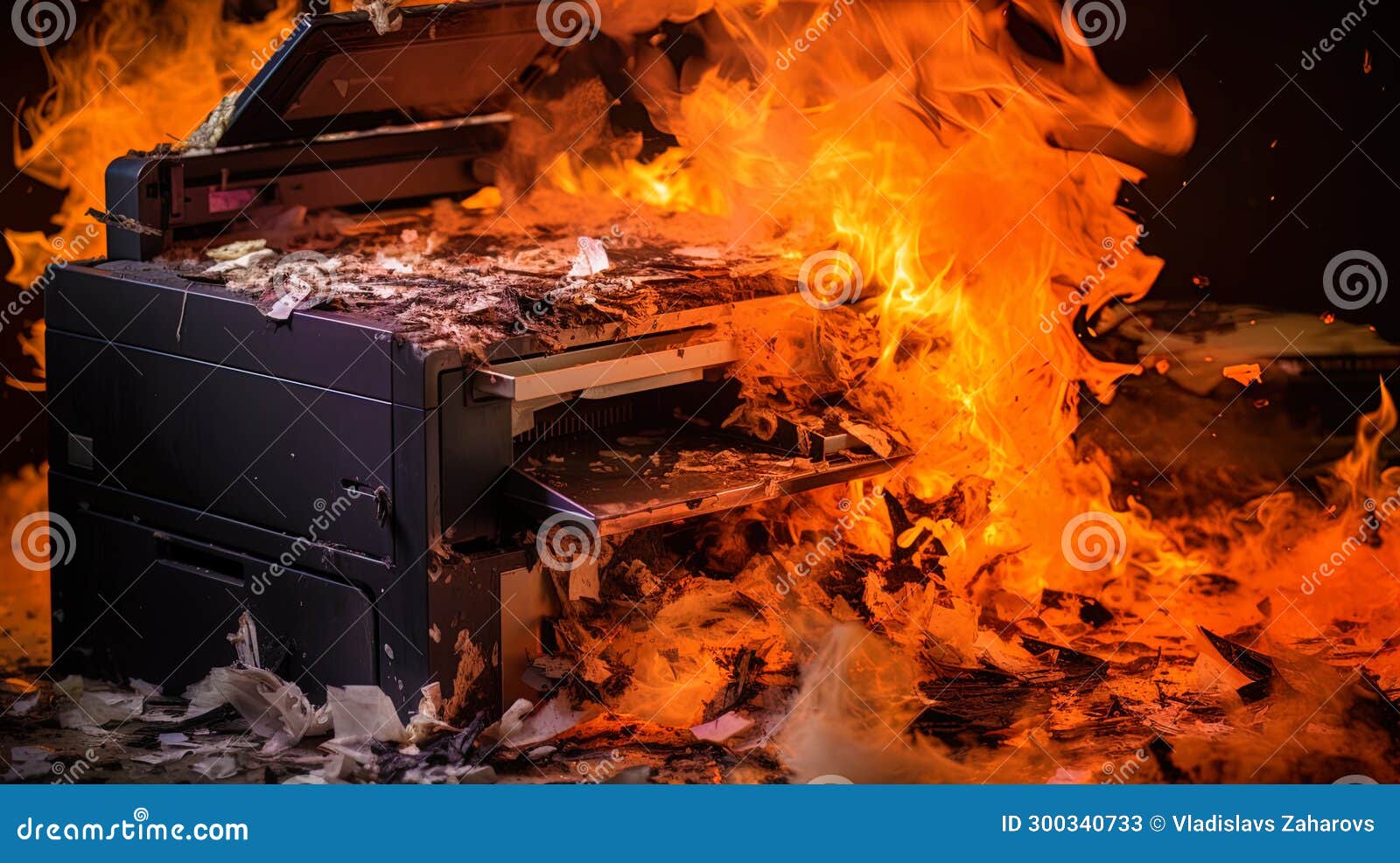 A Fiery Incident with an Overheated Printer Stock Illustration ...