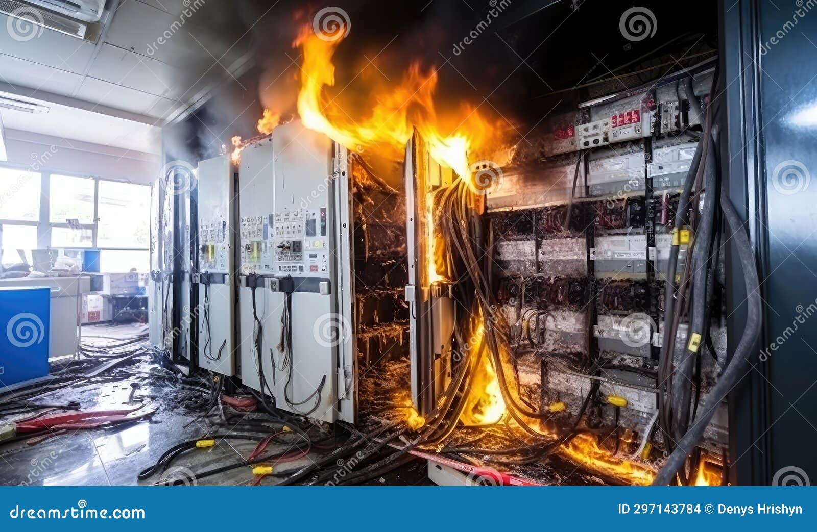 A Fiery Inferno Engulfing a Structure Amidst a Web of Electrical Wires ...