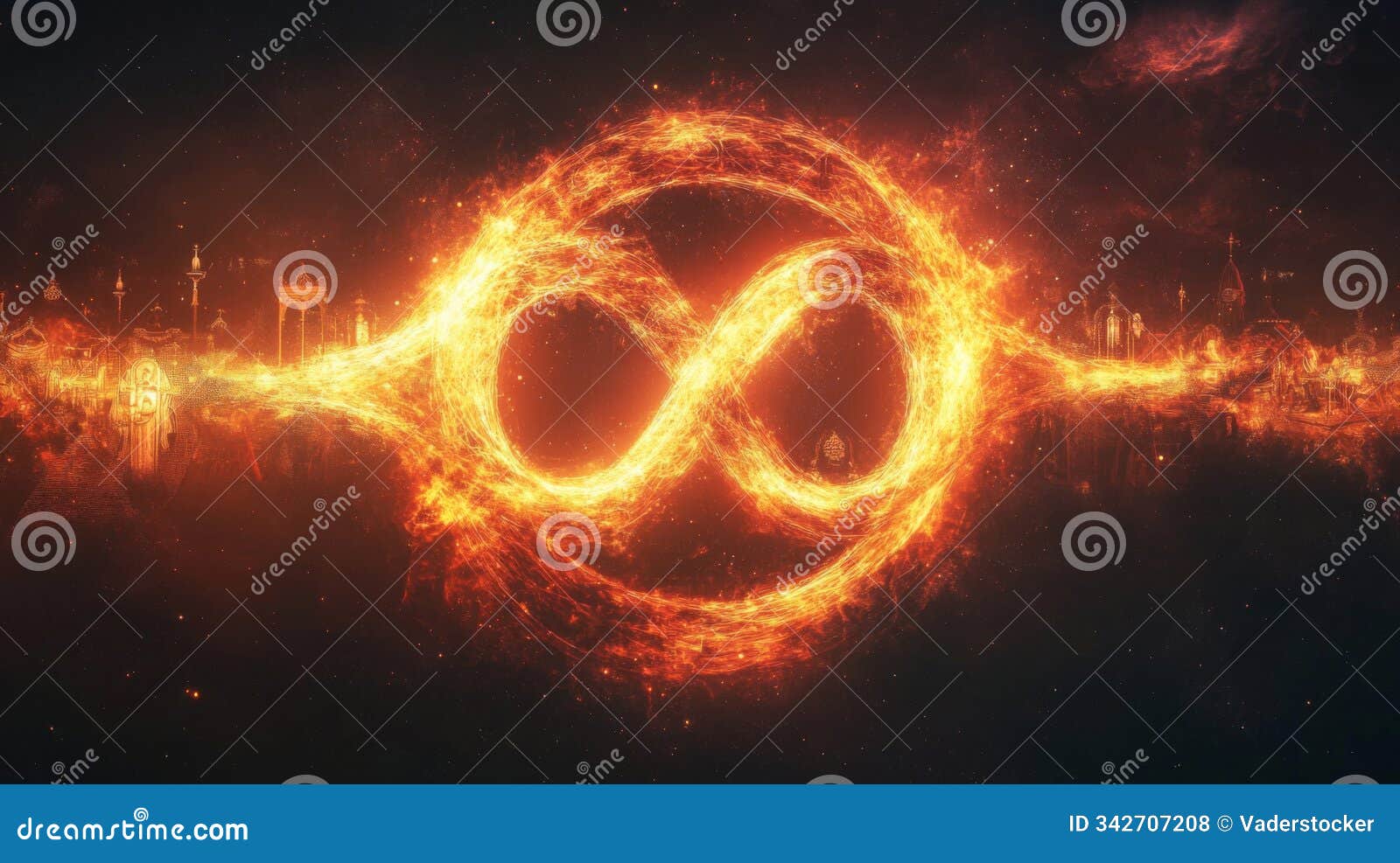 A Fiery Infinity Symbol Emerging from a Cityscape Stock Illustration ...
