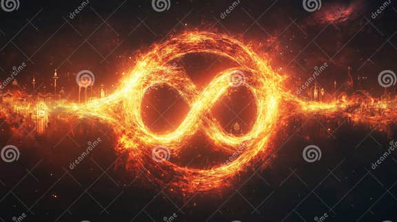 A Fiery Infinity Symbol Emerging from a Cityscape Stock Illustration ...