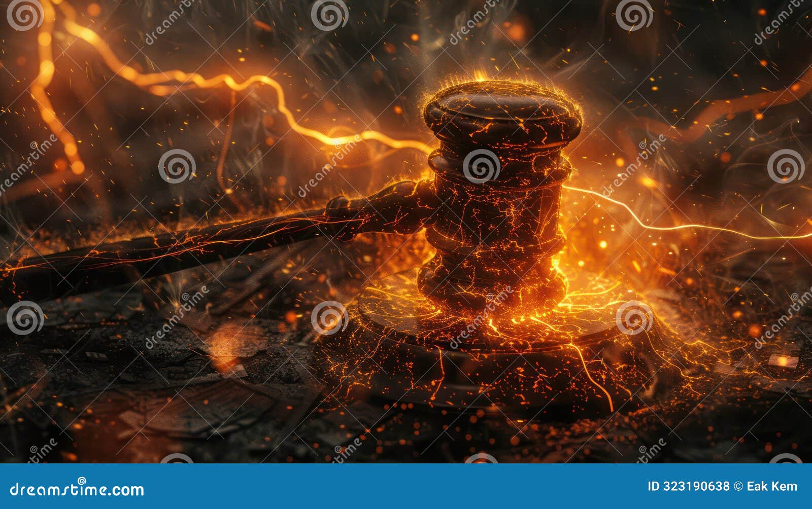 Fiery Judge Mallet Striking Powerfully on Dark Ground with Sparks and ...