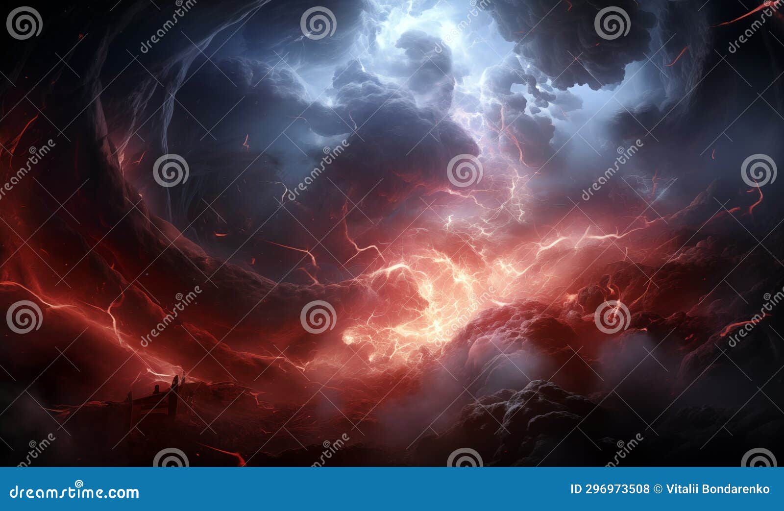 Fiery Lightning in Dark Stormy Sky. 3D Illustration. Stock Illustration ...