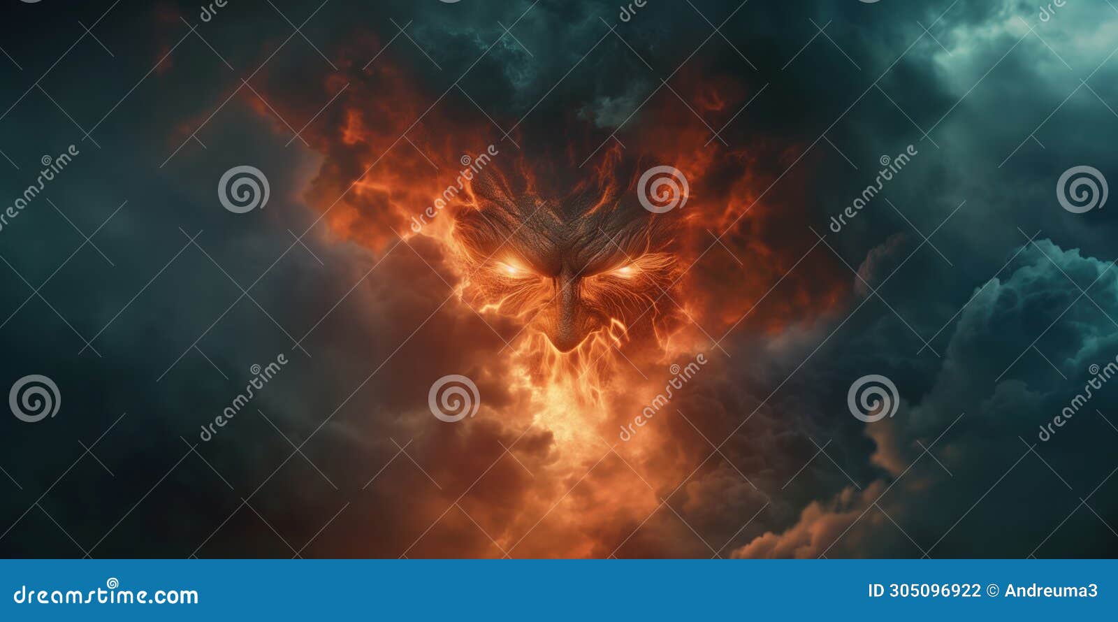 Fiery Lightning Devil Head through the Dark Clouds. Stock Illustration ...