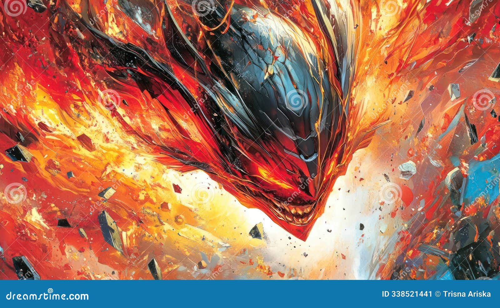 A Fiery, Menacing Figure Emerges from an Explosive Background ...