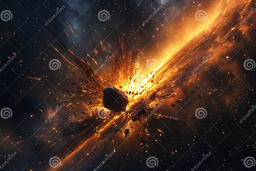 Fiery Meteor Explosion in Space with Glowing Debris and Flames Stock ...