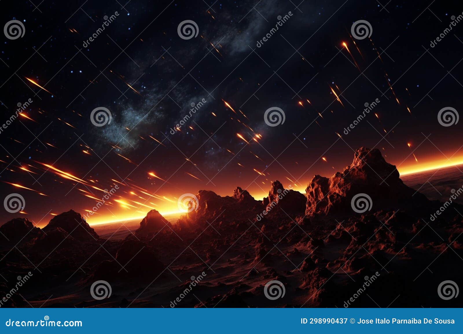 Fiery Meteor Shower Lighting Up the Night Sky with Stock Image - Image ...