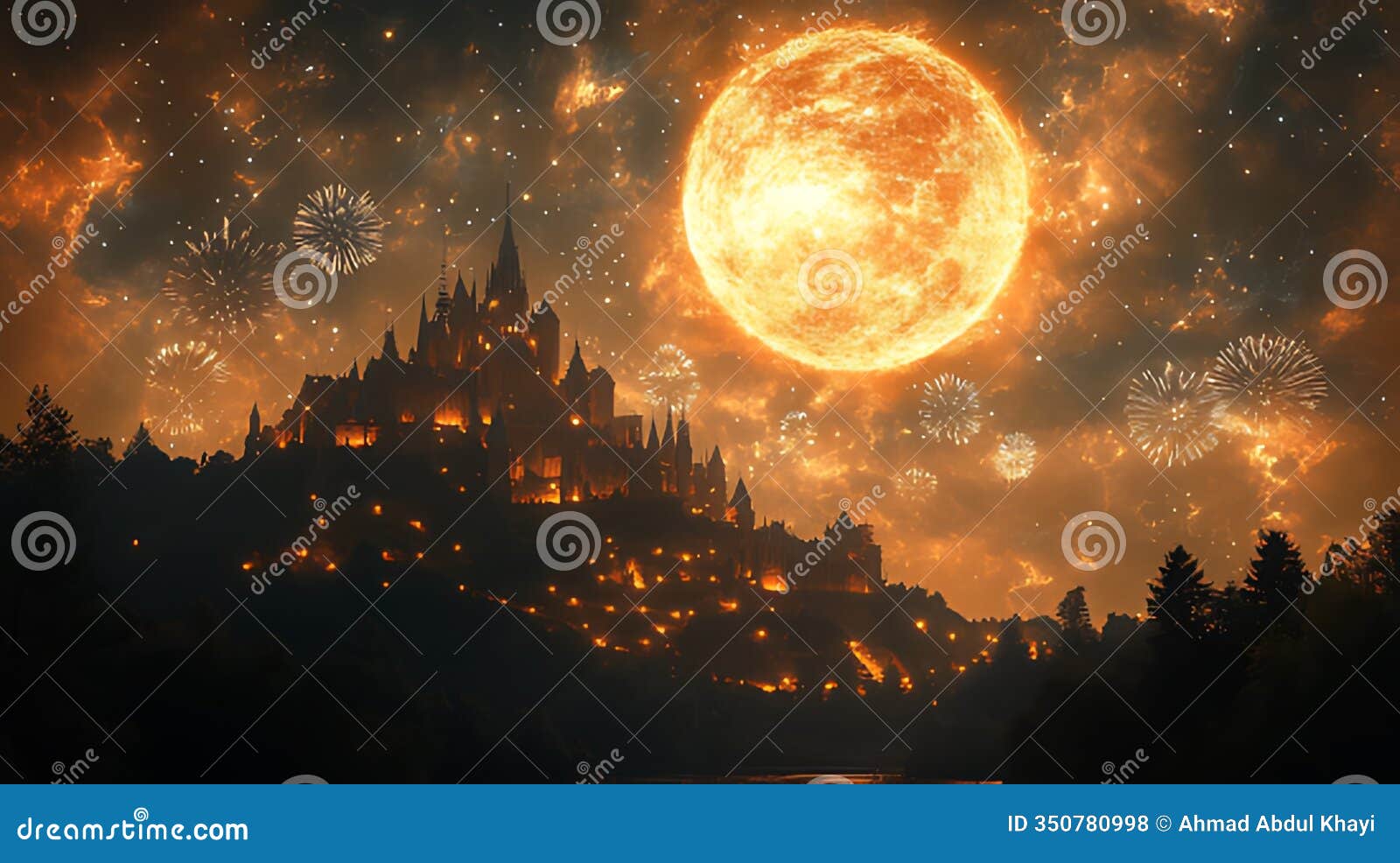 Fiery Moon Illuminates a Majestic Castle at Night, Fireworks Explode in ...