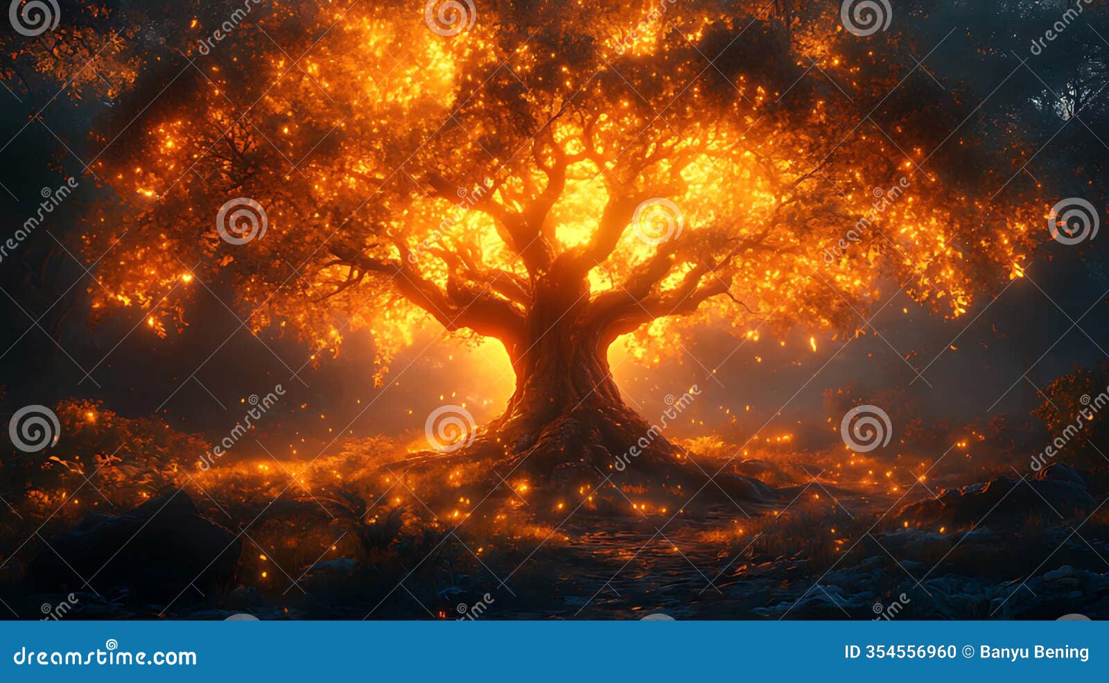 Fiery, Mystical Tree Ablaze at Night, Glowing Embers Surround Its Base ...