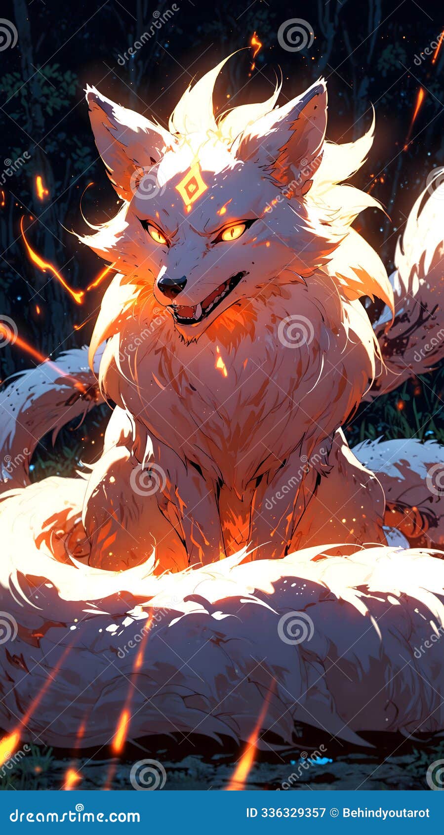 A Fiery, Mythical Fox with Glowing Eyes and a Menacing Aura, Surrounded ...
