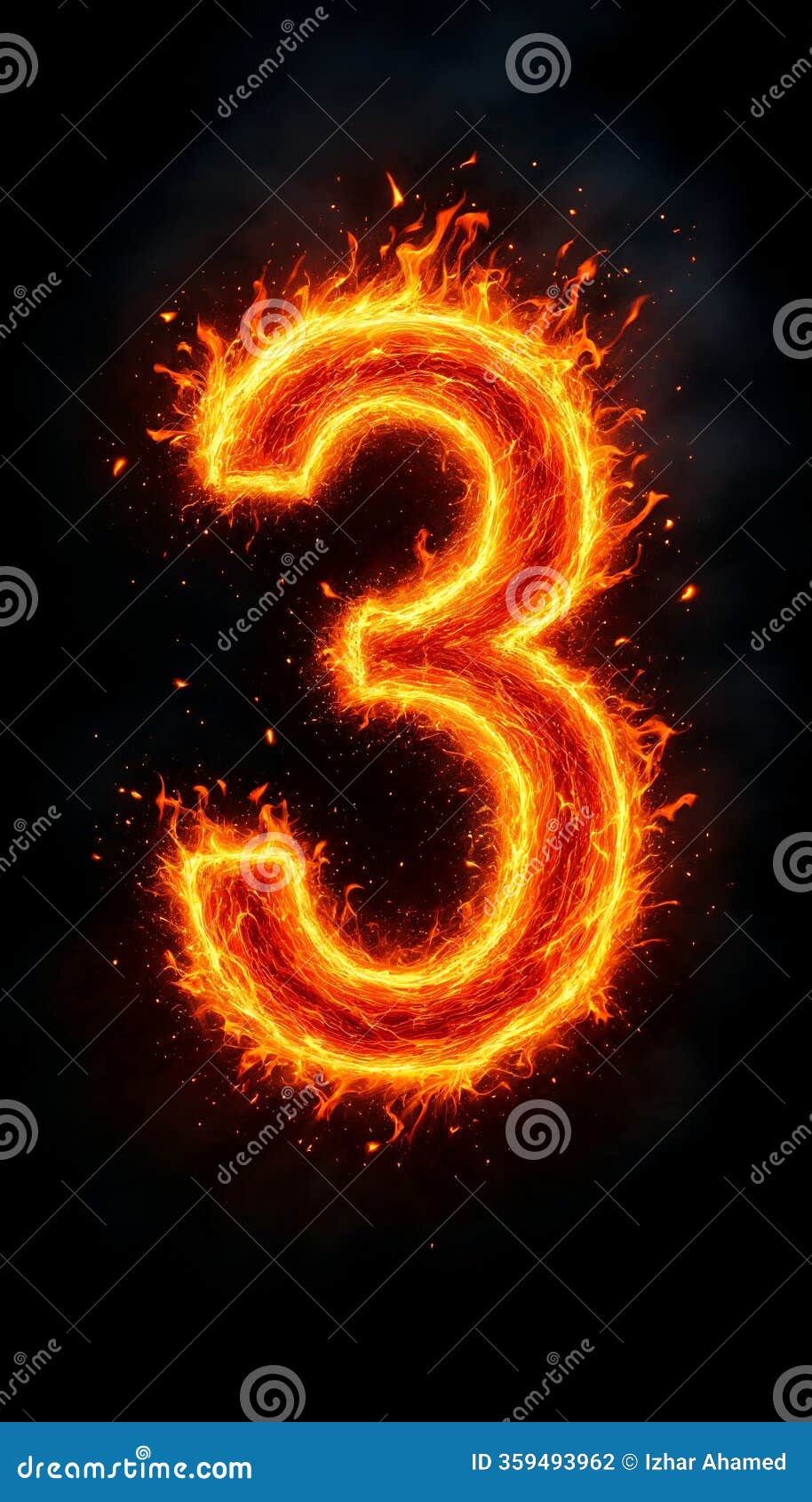 Fiery Number Three with Flames Against a Dark Background Stock ...