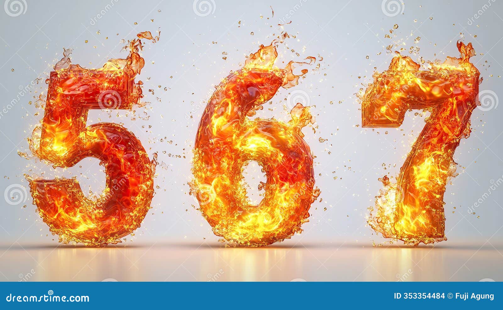 Fiery Numbers 567 Formed by Burning Flames and Sparks on a Light Gray ...