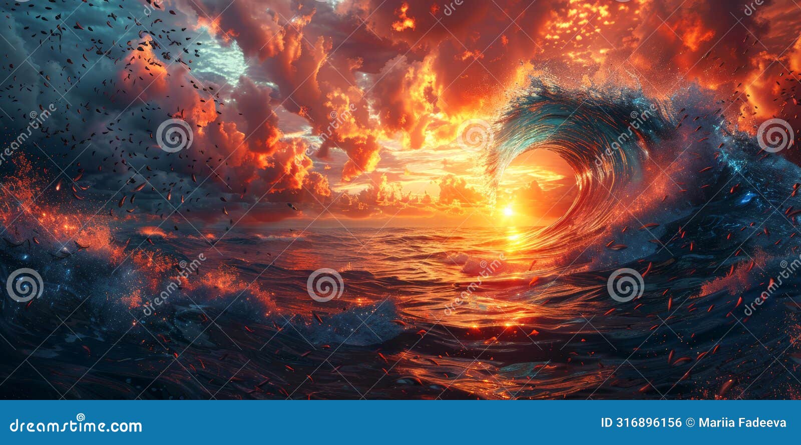 Fiery Ocean Scene with a Dramatic Wave and Sunset, Perfect for Dynamic ...