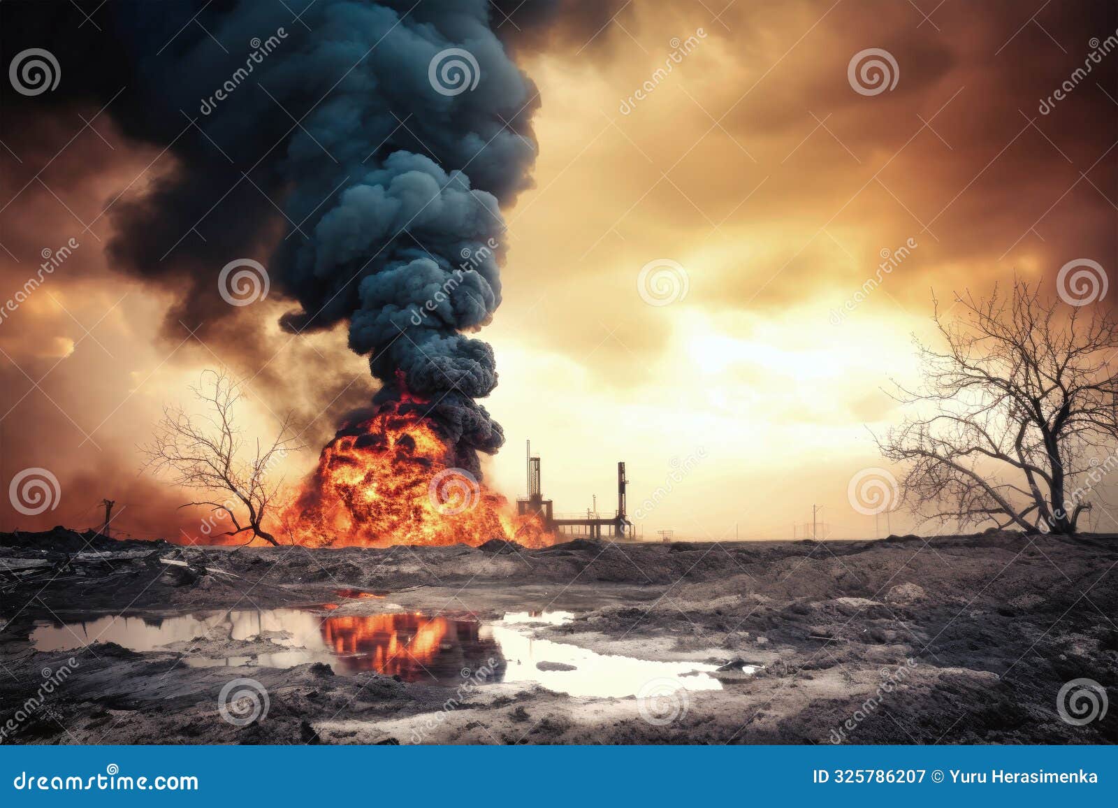 A Fiery Oil Well Burns in a Desolate Landscape, a Stark Reminder of the ...