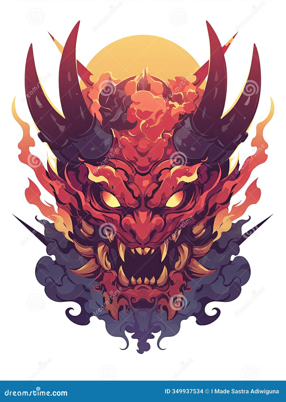 Fiery Oni Mask Illustration with Horns, Sharp Teeth, and Smoke Stock ...