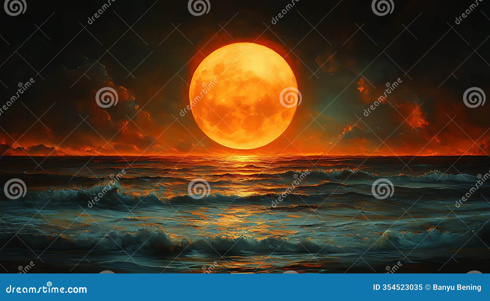 Fiery Orange Full Moon Rising Over Dark Ocean Waves at Night Stock ...