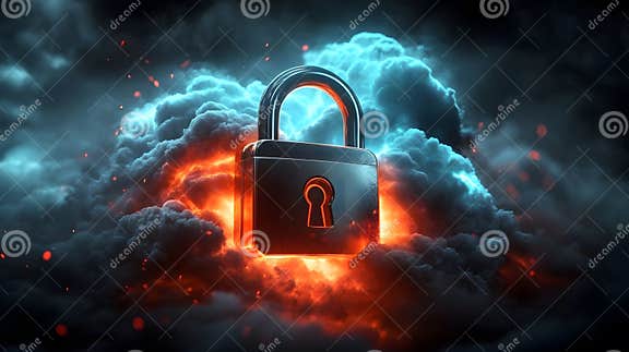 Fiery Padlock with Explosive Clouds, Concept of Cybersecurity,Data ...