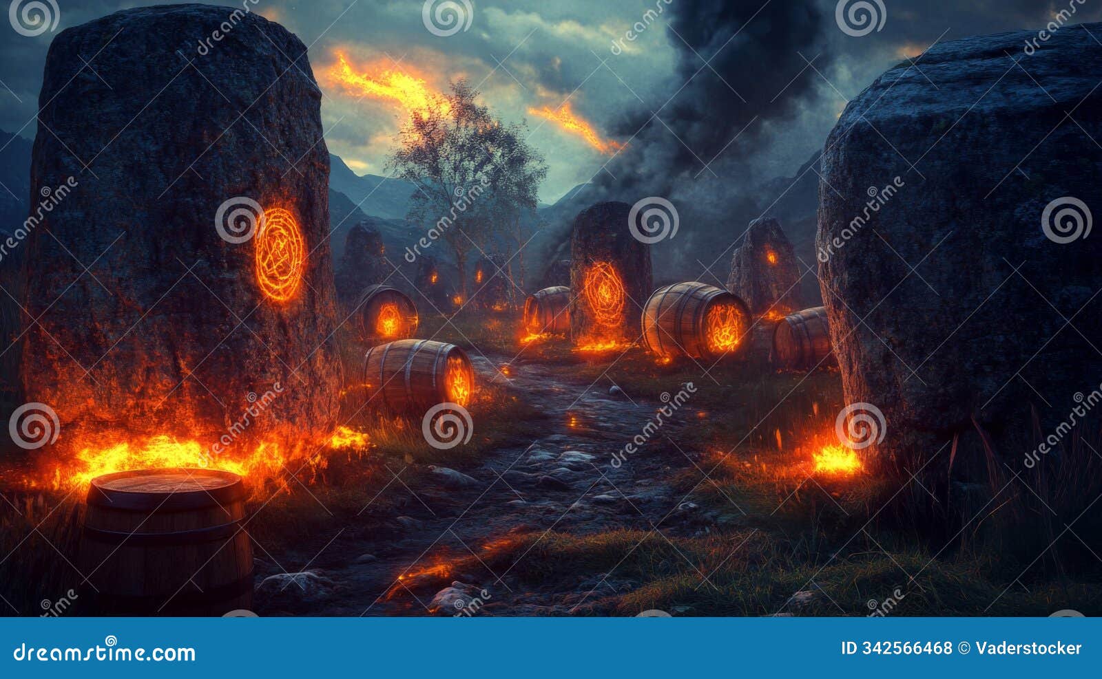 A Fiery Path through a Mystical Forest of Stone and Fire Stock ...