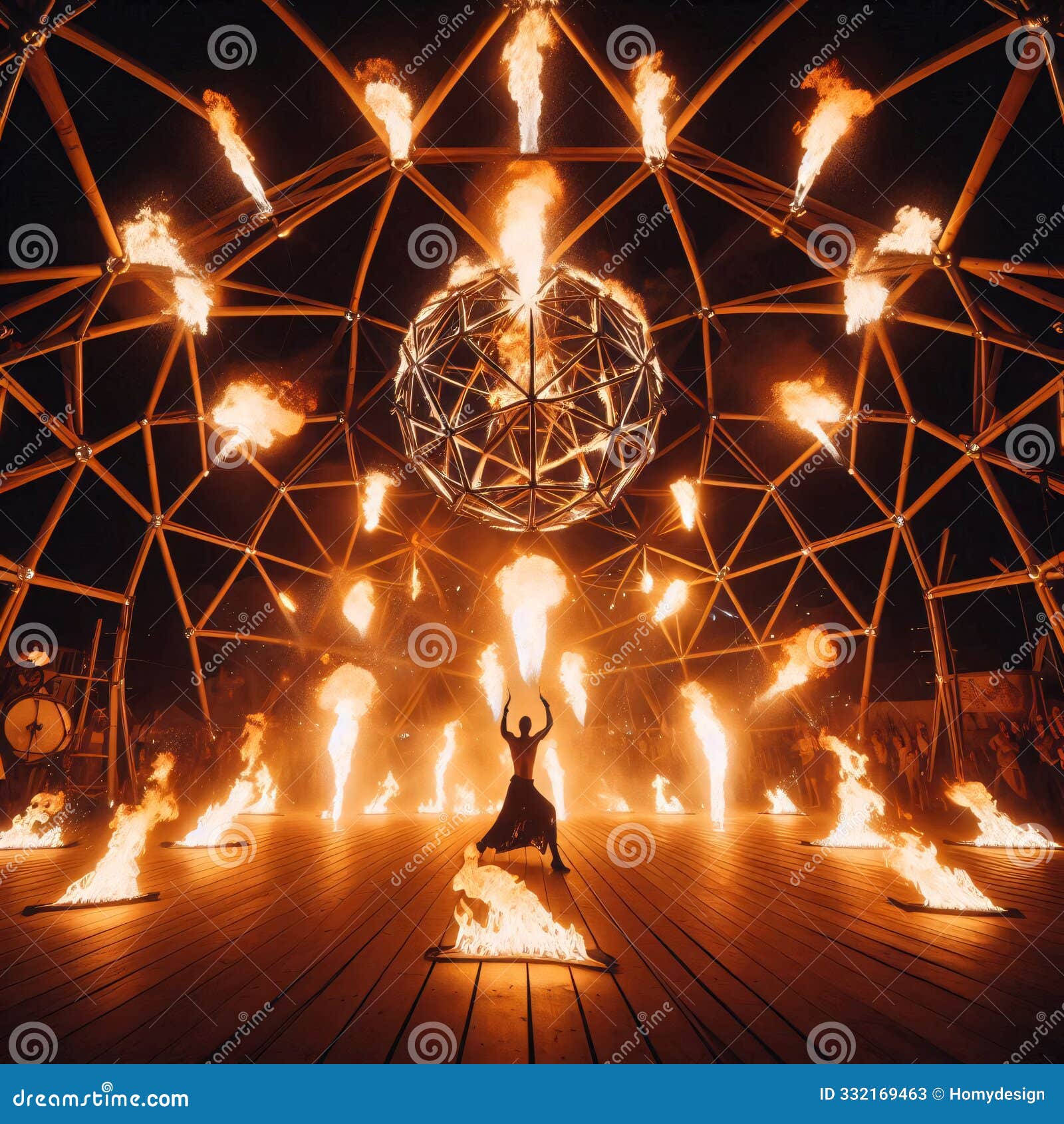 Fiery Performance Inside A Geodesic Dome, With A Central Flaming Sphere ...