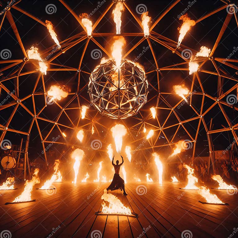 Fiery Performance Inside a Geodesic Dome, with a Central Flaming Sphere ...