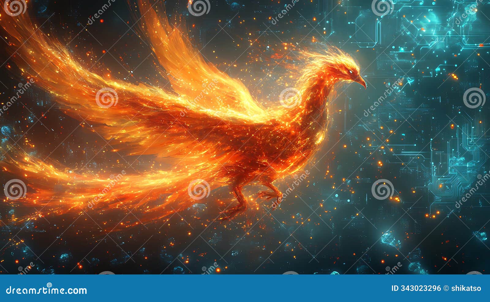 A Fiery Phoenix Bird with Orange Feathers and a Blue Background with ...